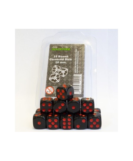 16mm D6 Dice Set - Black with Red Dots (15 Dice)